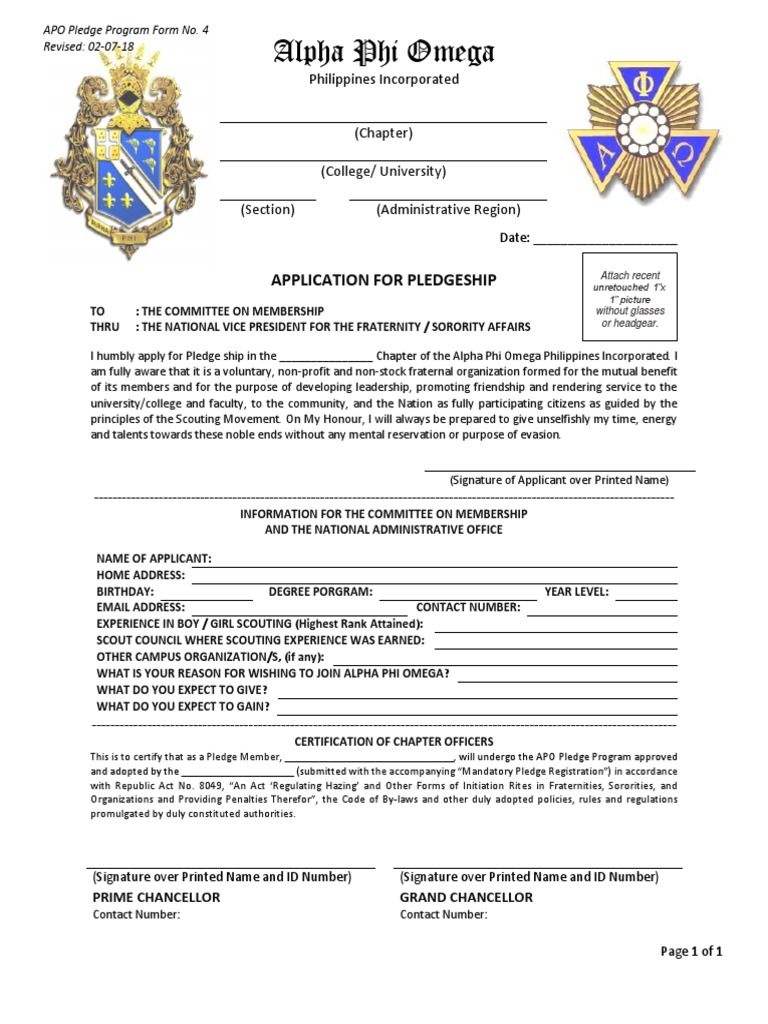 Alpha Phi Omega: Application For Pledgeship | PDF | Fraternities And ...