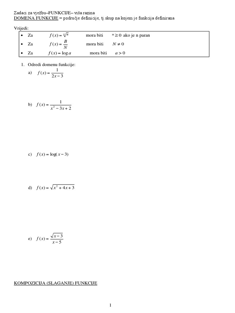 1 Zadaci Za Vjezbu-Visa Razina Funkcije Domena Kompozicija Derivacije PDF | PDF