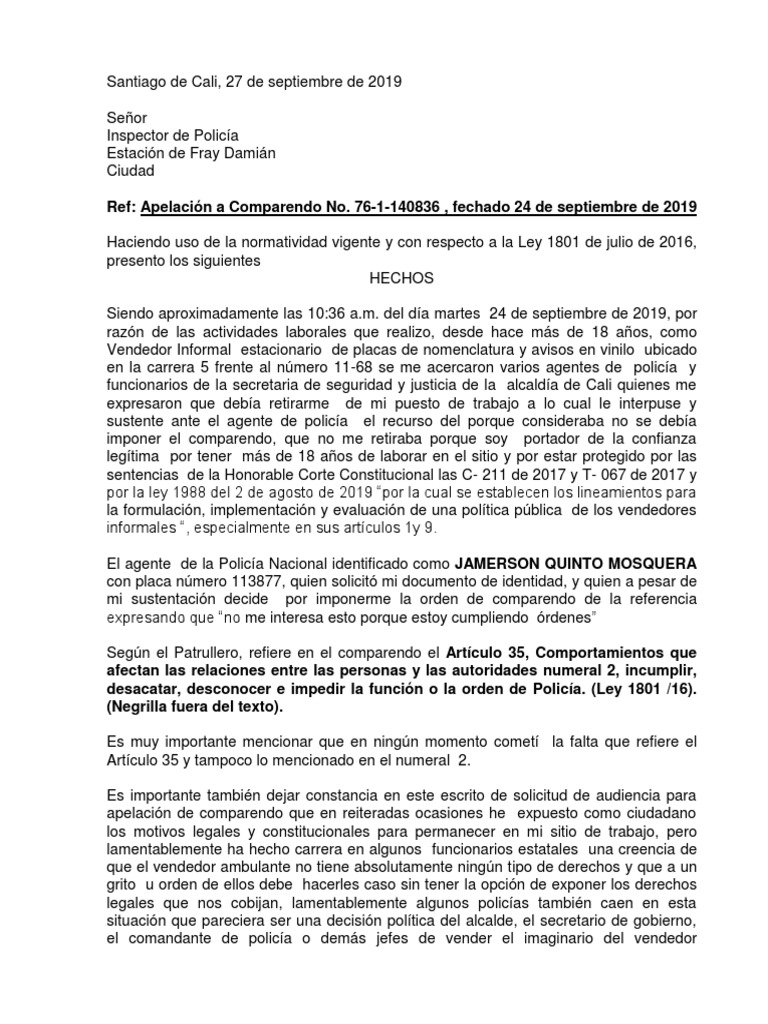 Apelacion Comparendo Fredy Duarte | PDF | Debido al proceso | Caso de ley