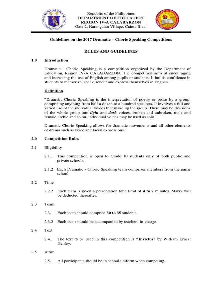 Guidelines Dramatic Choric Speaking - Impromptu Speech | PDF | Singing ...