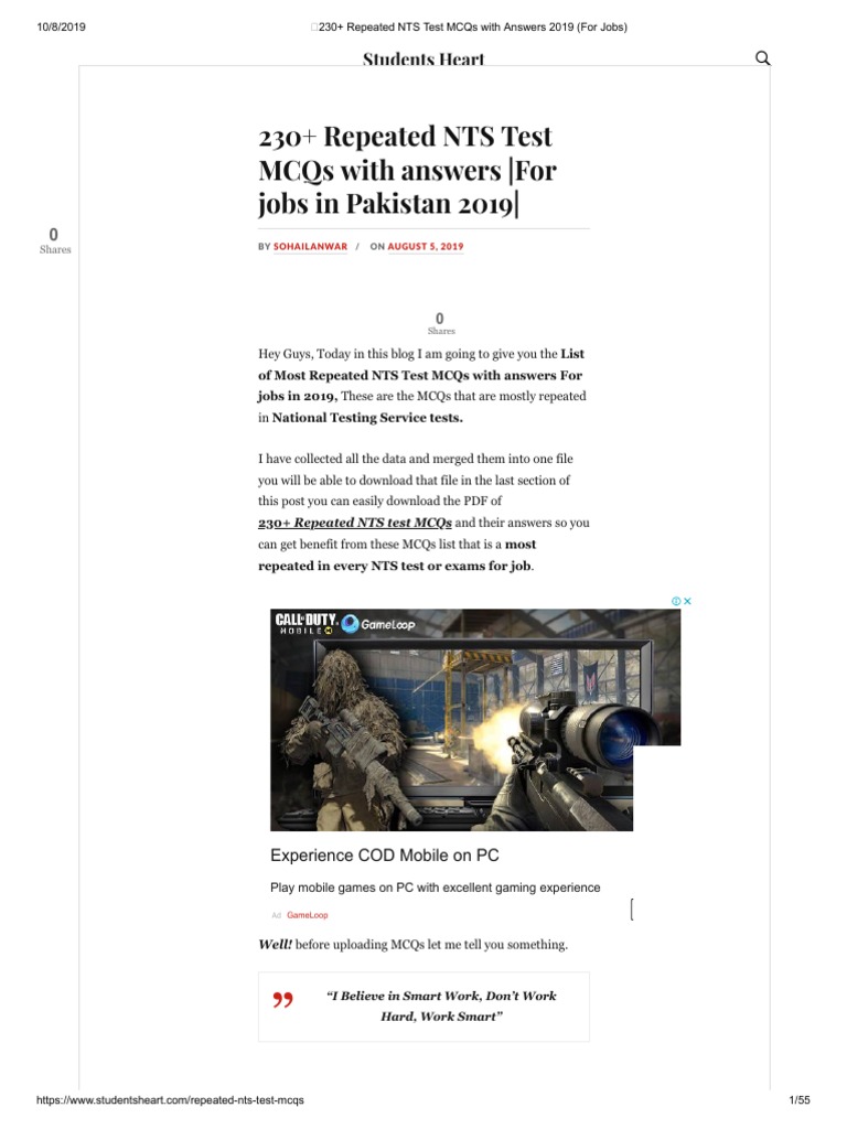 230+ Repeated NTS Test MCQs With Answers 2019 (For Jobs) | PDF | Test ...