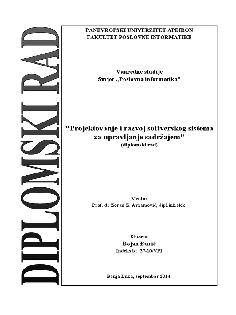 Panevropski Univerzitet Apeiron - Diplomski Rad Poslovna Informatika | PDF