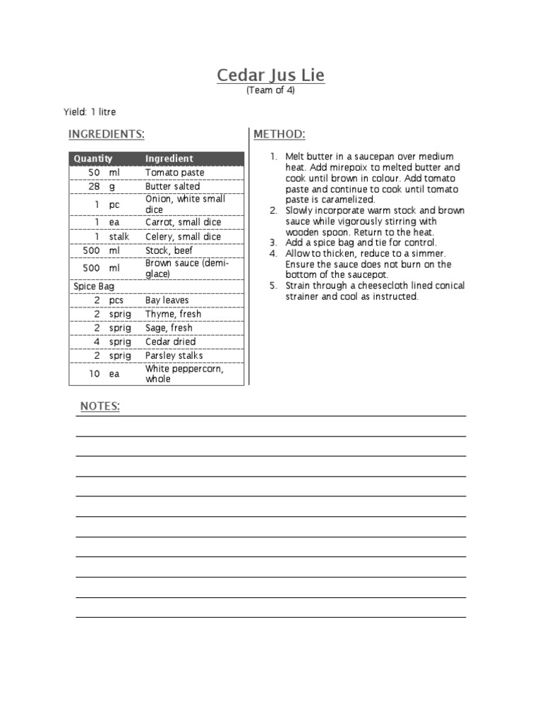 Cedar Jus Lie: Ingredients: Method | PDF | Butter | Western Cuisine