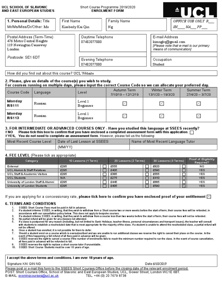 UCL School of Slavonic and Eastern European Studies Enrolment Form for ...