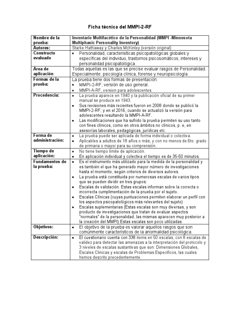 Ficha Técnica Del MMPI-2-RF | Validez (Estadísticas) | Sicología y ...
