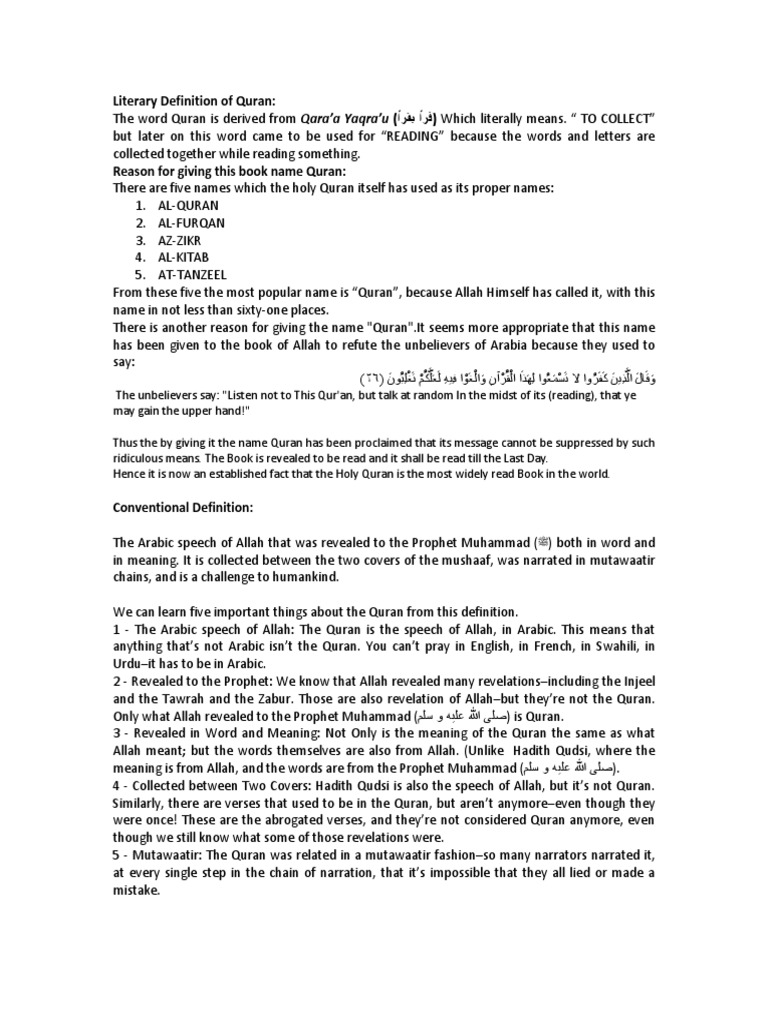 Definition and Meaning of the Quran | PDF | Quran | Islam