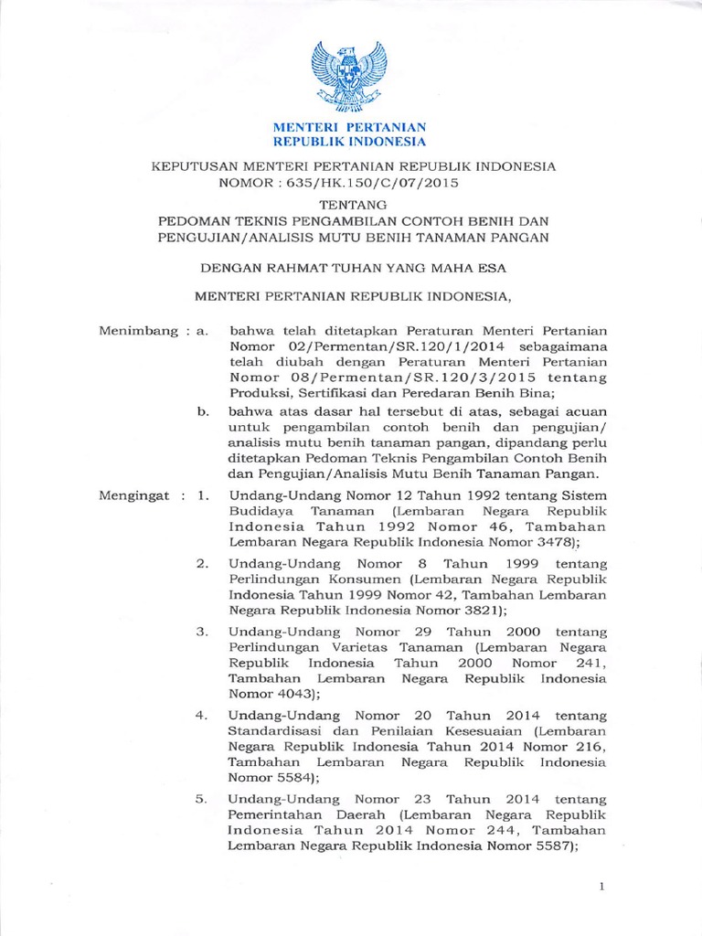 KEPMENTAN No 635 Tahun 2015 Pengambilan Contoh Benih Dan-Pengujian-Mutu ...