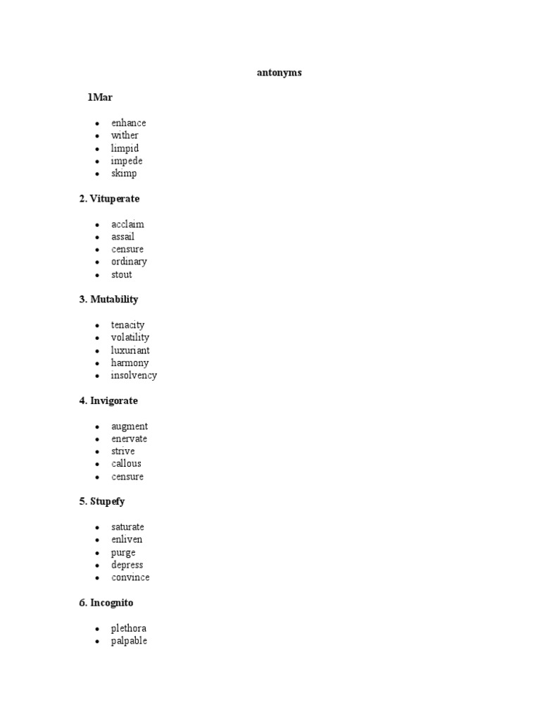 Enhance Wither Limpid Impede Skimp: Antonyms 1mar | PDF