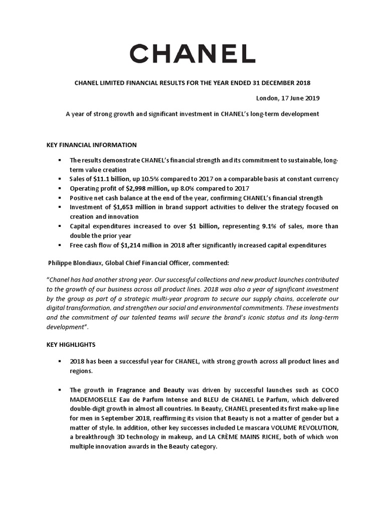 Chanel Limited Financial Results For The Year Ended 31 December 2018 ...