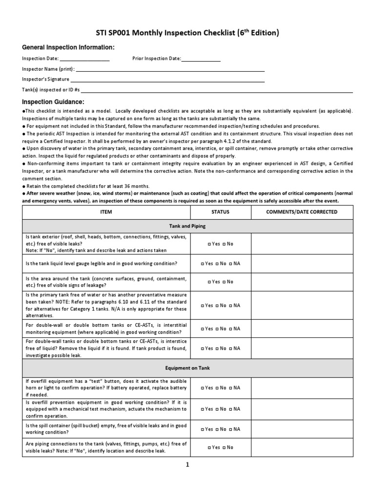 STI SP001 Monthly Inspection Checklist | PDF | Leak | Nature