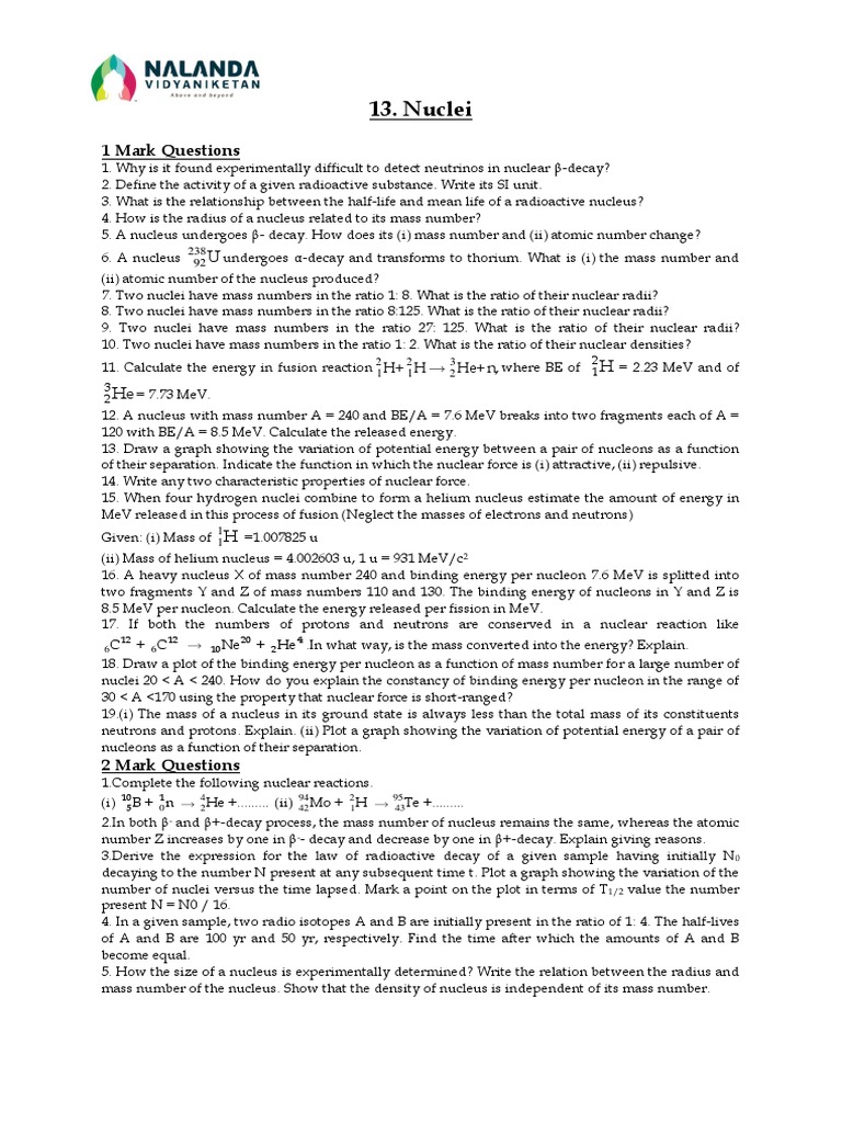 Nuclei Physics Worksheet | Download Free PDF | Nuclear Physics ...