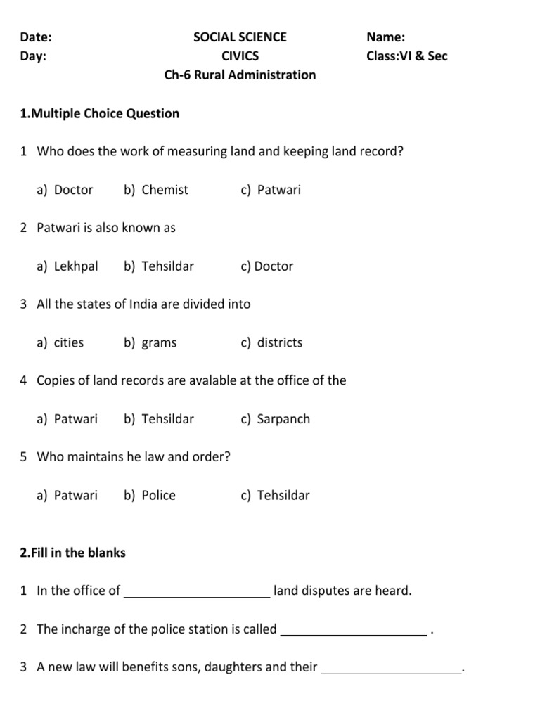 Date: Social Science Name: Day: Civics Class:VI & Sec Ch-6 Rural ...