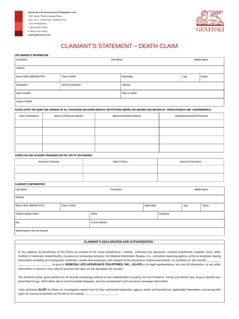 Claimant'S Statement - Death Claim | PDF | Physician | Insurance