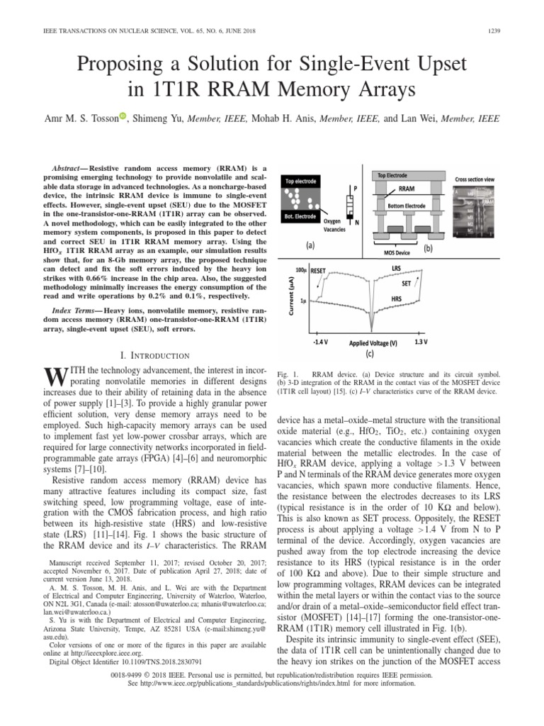 Proposing A Solution For Single-Event Upset in 1T1R RRAM Memory Arrays | PDF | Mosfet | Random ...