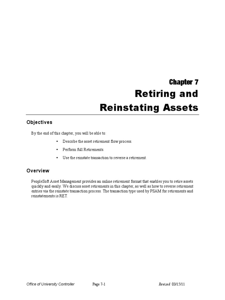 Retiring and Reinstating Assets: Objectives | PDF | Depreciation ...