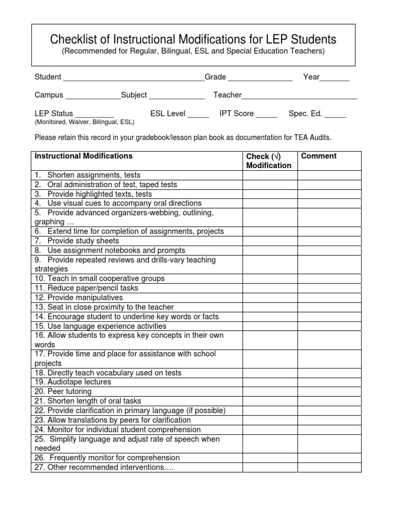 Ell Observation Modifications and Questions | PDF | English As A Second ...