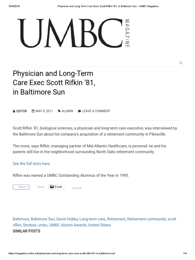 Physician and Long-Term Care Exec Scott Rifkin '81, in Baltimore Sun ...