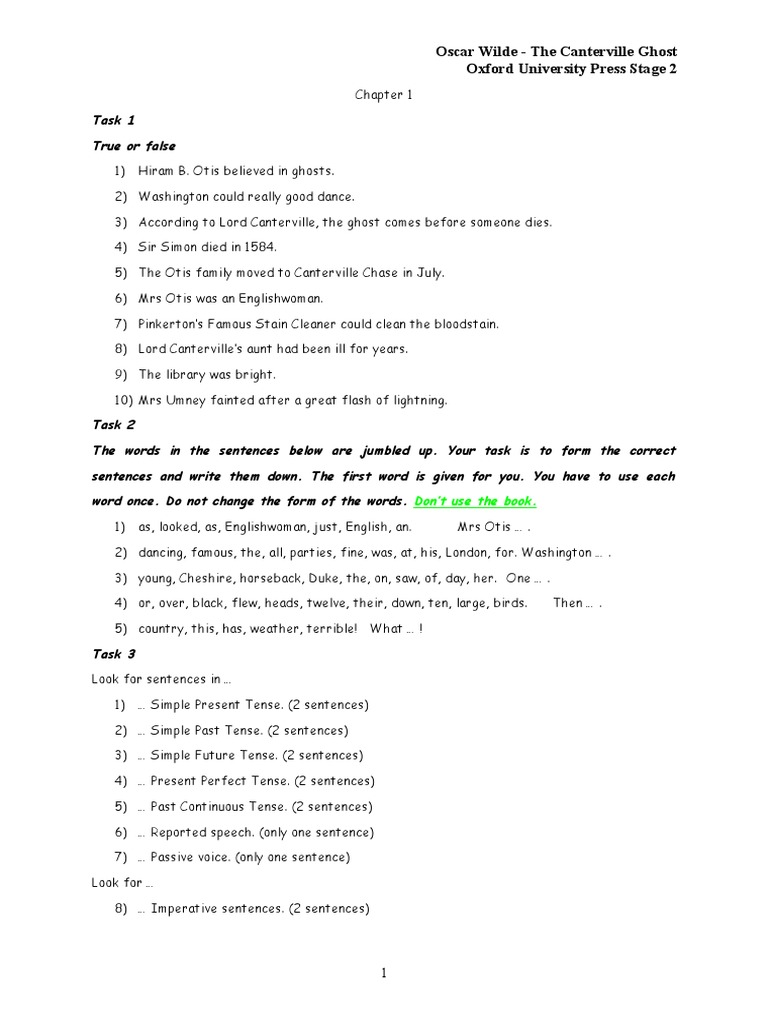 Exercises To The Canterville Ghost Chapter 1 Reading Comprehension ...