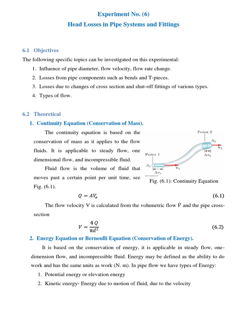 Experiment No. (6) Head Losses in Pipe Systems and Fittings: 6.1 Objectives | PDF | Fluid ...