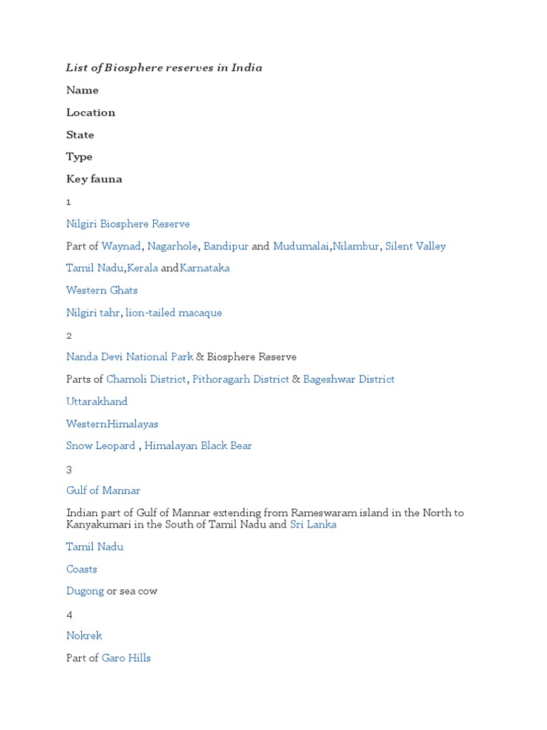 Name Location State Type Key Fauna: List of Biosphere Reserves in India ...