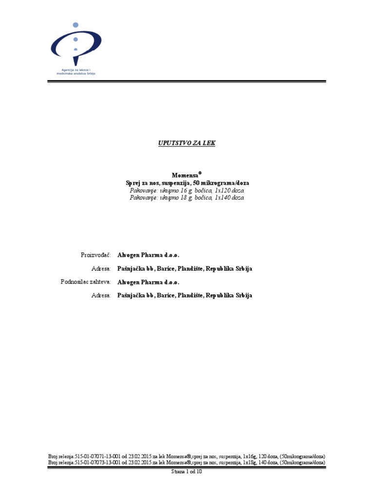Momensa Sprej Za Nos, Suspenzija, 50 Mikrograma/doza | PDF