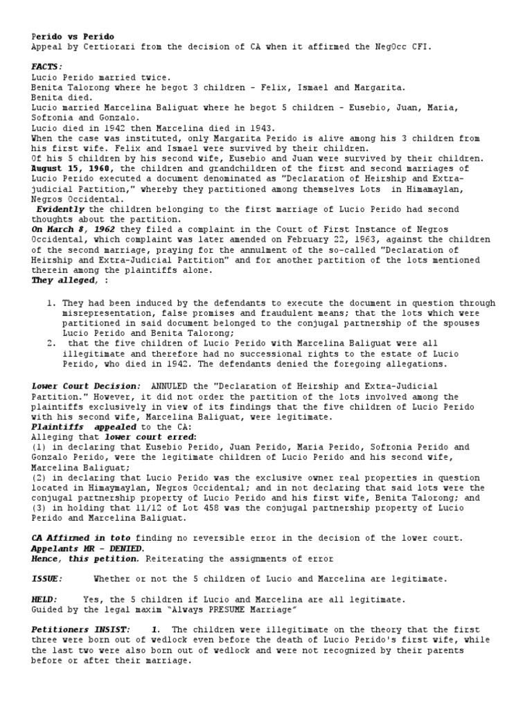 Perido Vs Perido Digest | PDF | Legitimacy (Family Law) | Marriage