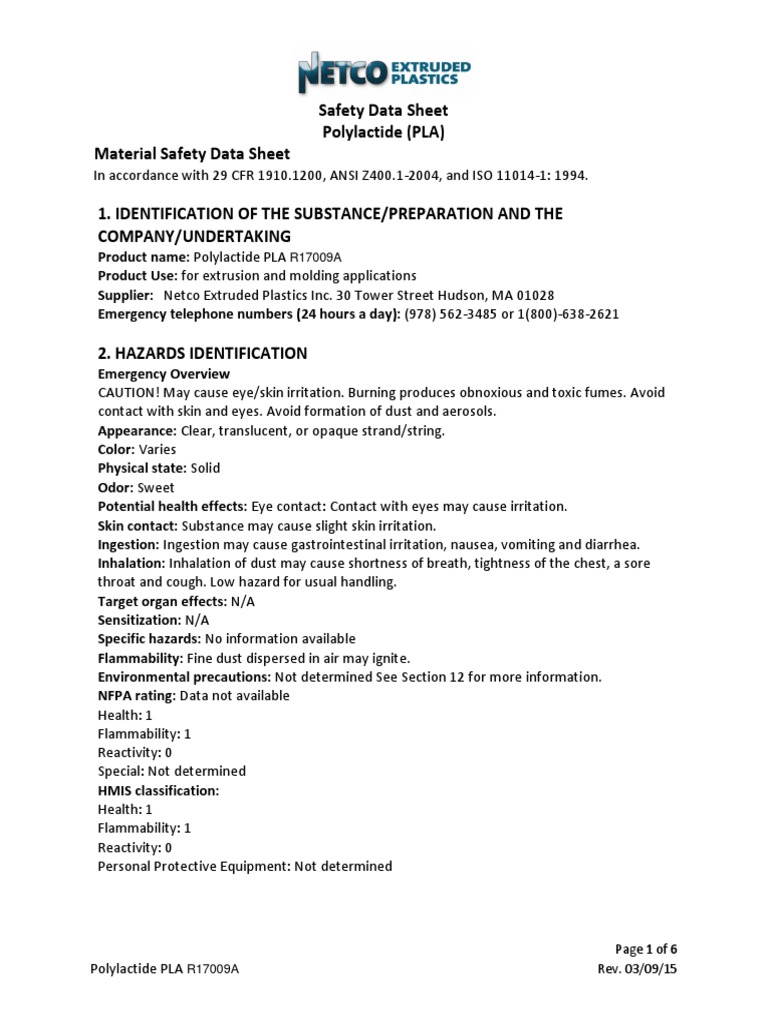 Safety Data Sheet Polylactide (PLA) Material Safety Data Sheet | PDF ...