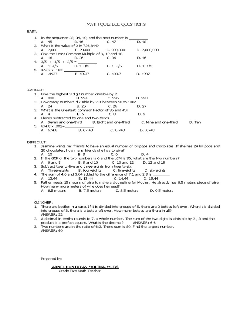 Math Quiz Bee Questions: Arnel Bontuyan Molina, M. Ed | PDF ...