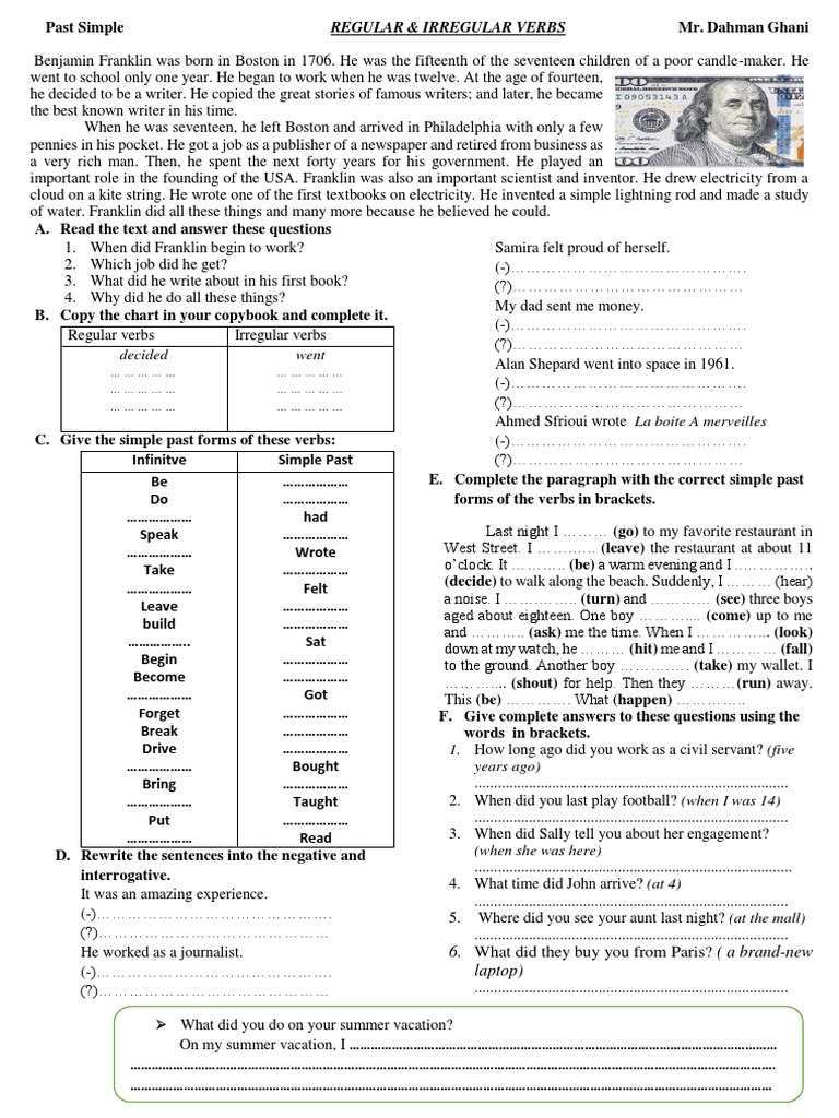 Past Simple (Regular& Irreg Verbs) | PDF | Benjamin Franklin
