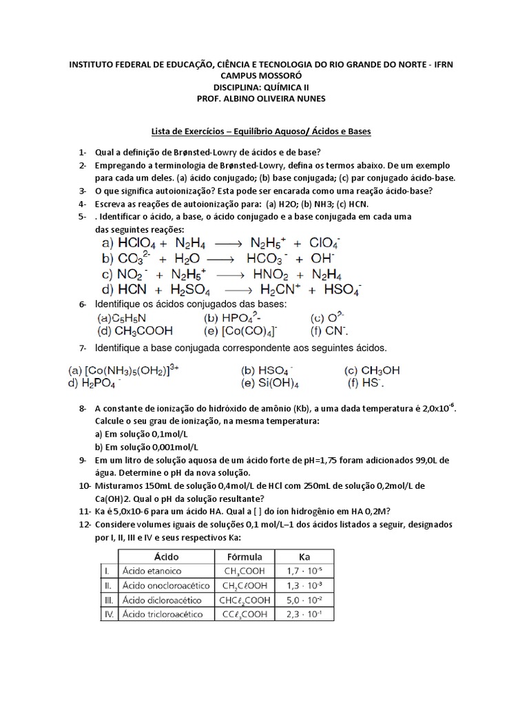 Lista de Exercicios Equilibrio Aquoso Acidos e Bases - 1 - 1 | PDF | Ácido | Ph