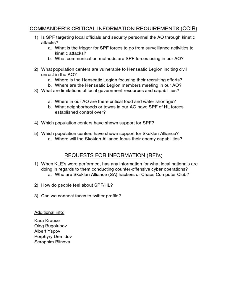Commander'S Critical Information Requirements: (CCIR) | PDF