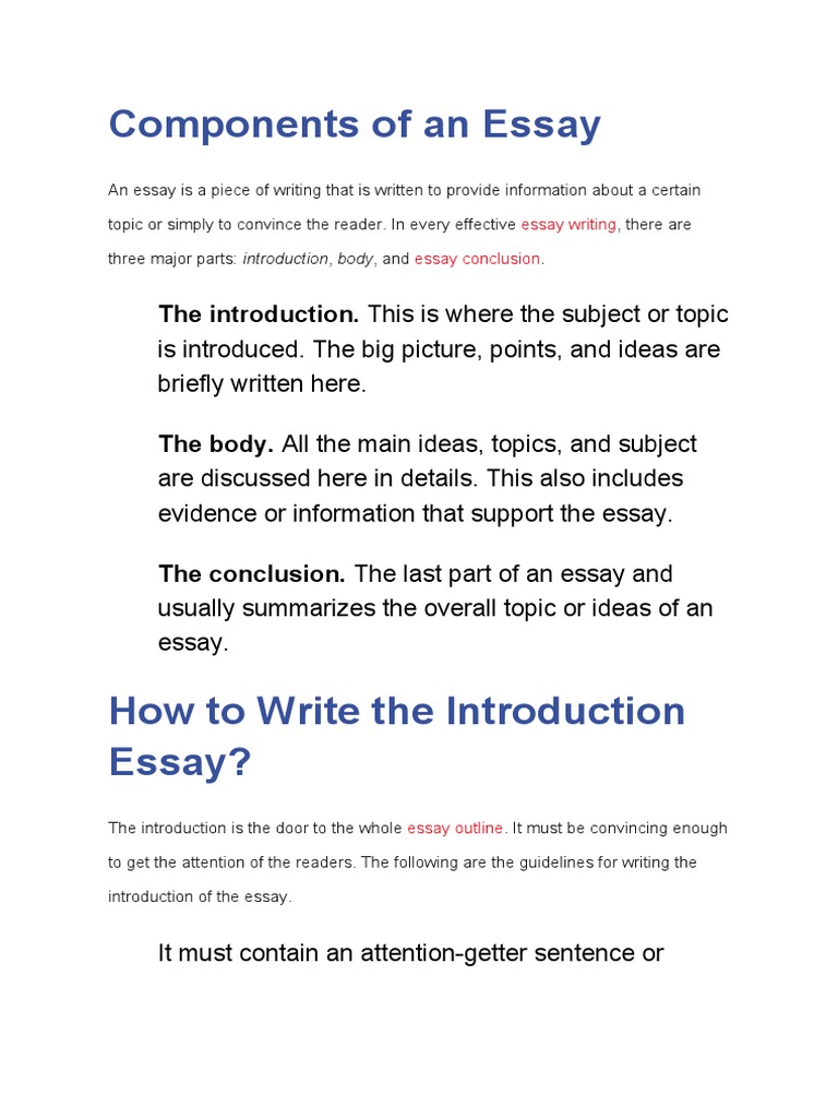 Components of An Essay: The Introduction. This Is Where The Subject or ...