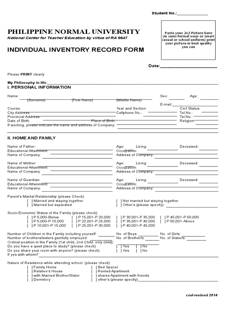 Philippine Normal University: Individual Inventory Record Form ...