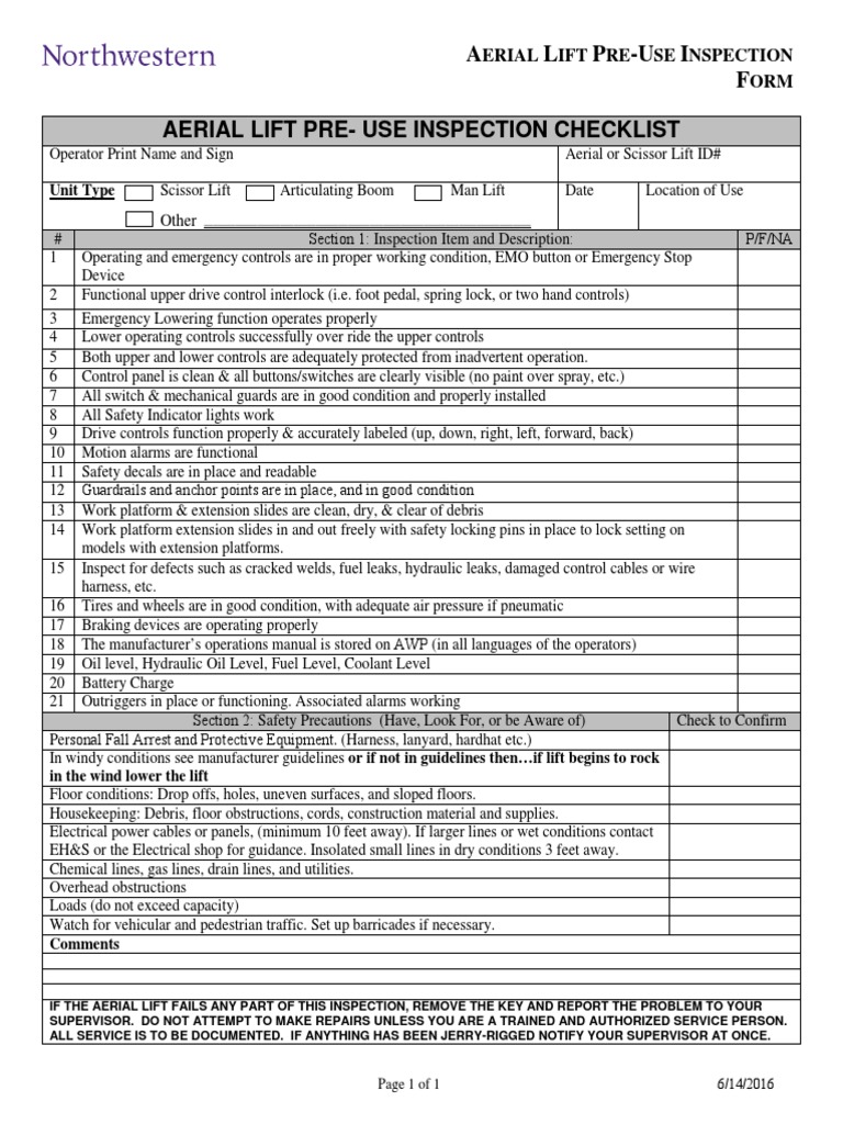 Aerial Lift Pre-Use Inspection Checklist | PDF | Elevator | Mechanical ...
