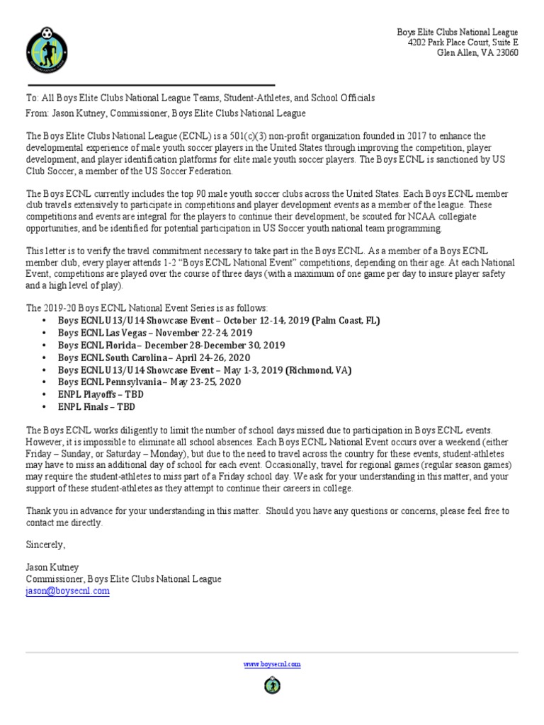 Letter - 2019-20 Boys ECNL School Travel Letter | PDF | Sports | Leisure