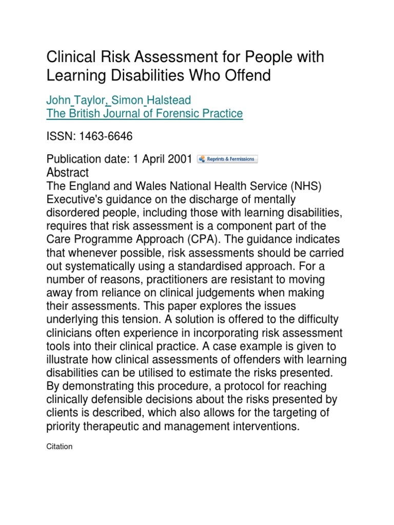 Clinical Risk Assessment For People With Learning Disabilities Who ...