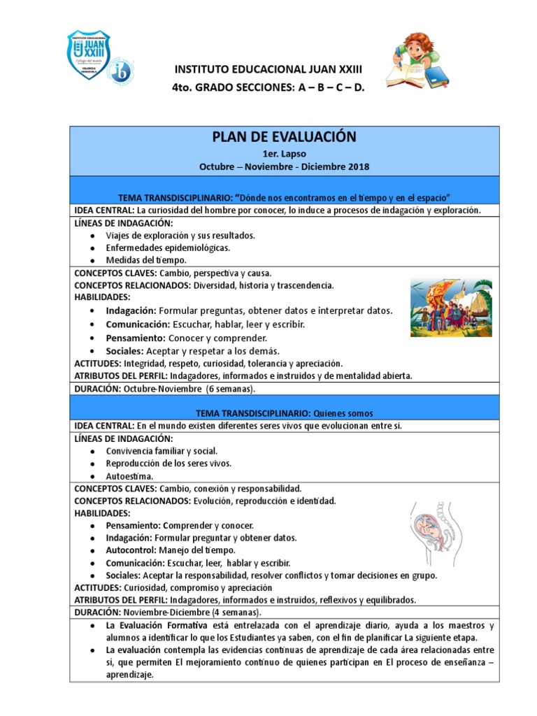 Plan de Evaluación 1er LAPSO 4to Grado | PDF | Evaluación | Aprendizaje