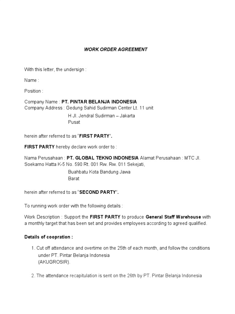 Work Order Agreement | PDF | Employee Relations | Private Law