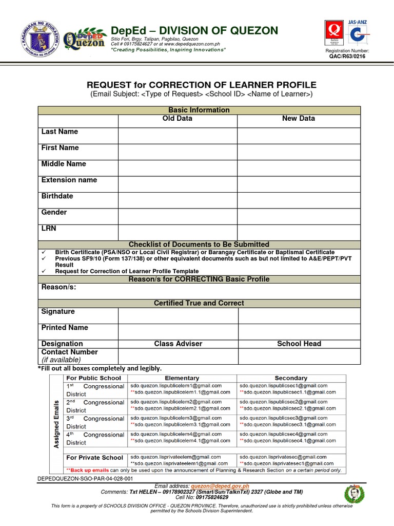 Request for Correction of Learner Profile: Template and Guidelines ...