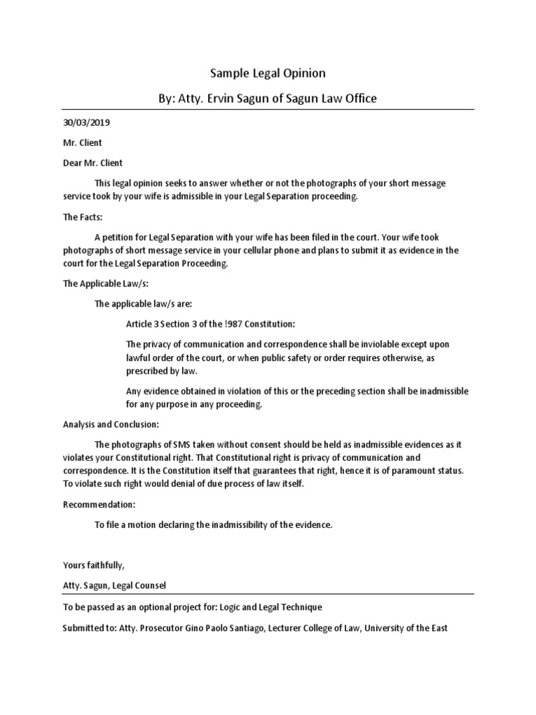 Sample Legal Opinion By: Atty. Ervin Sagun of Sagun Law Office | PDF
