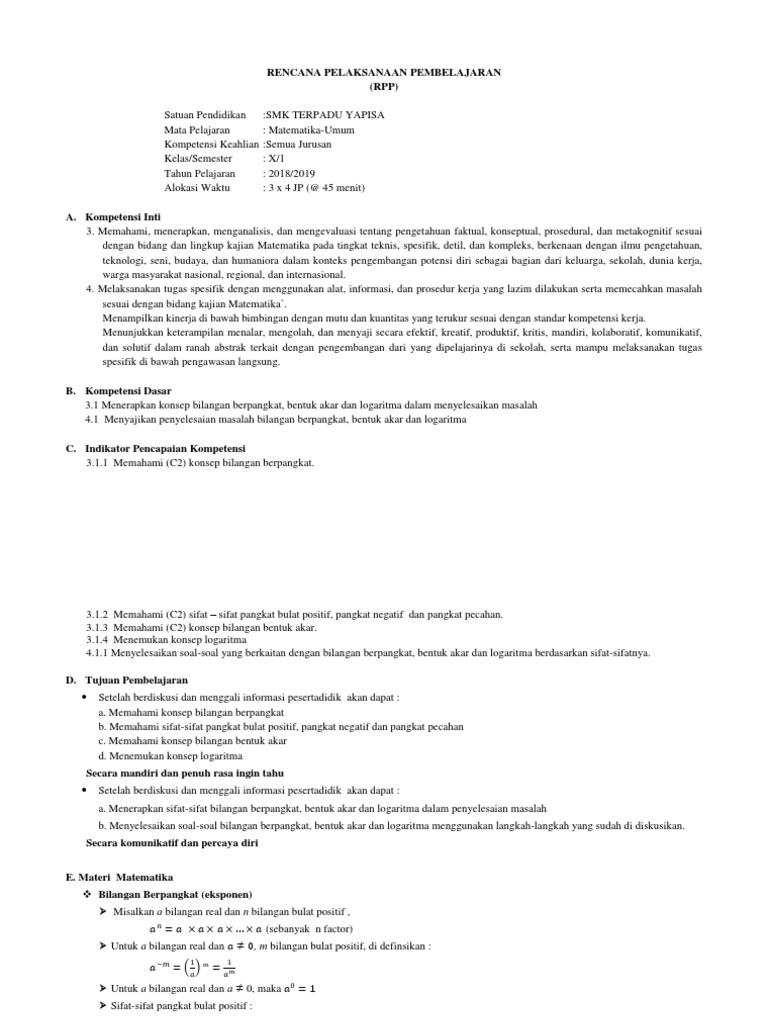 Contoh RPP Matematika SMK X | PDF