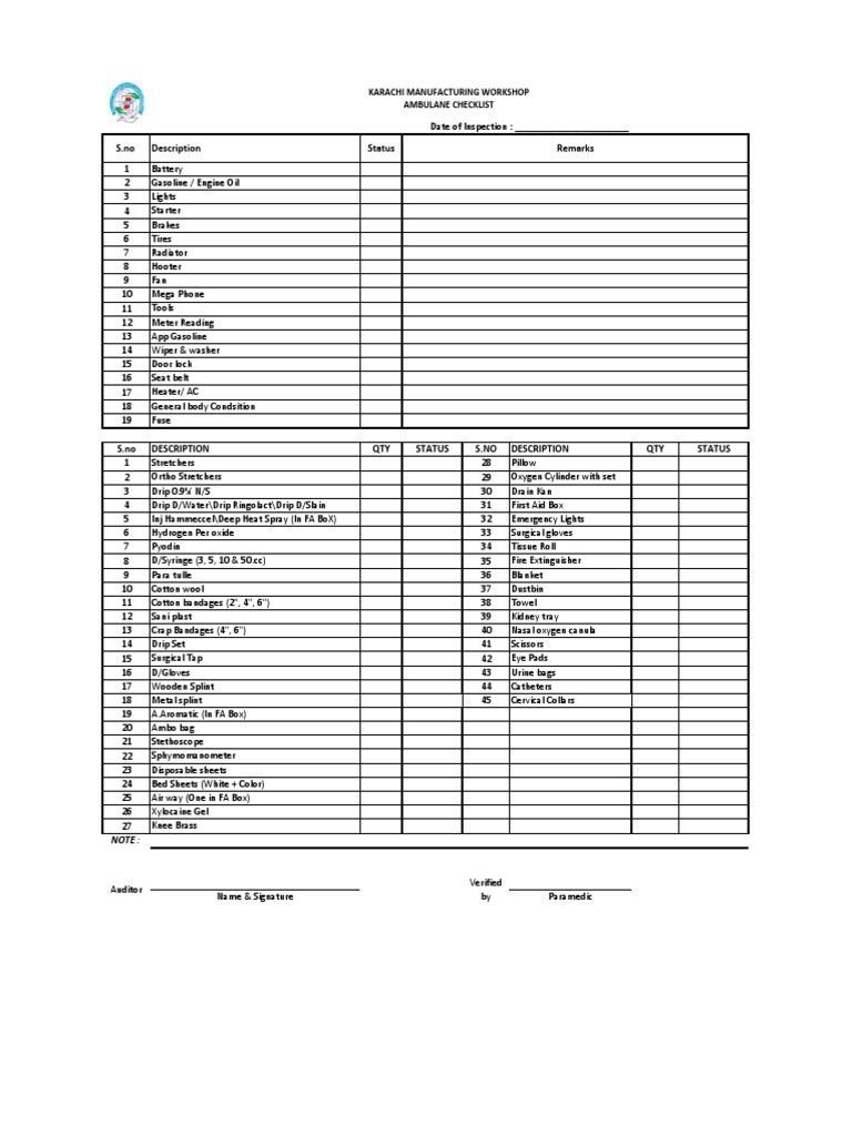 Ambulance Maintenance Checklist for Karachi Manufacturing Workshop ...