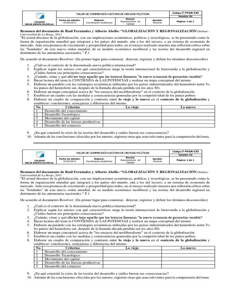 Taller Comprensión Lectora La Globalización | PDF | Globalización ...