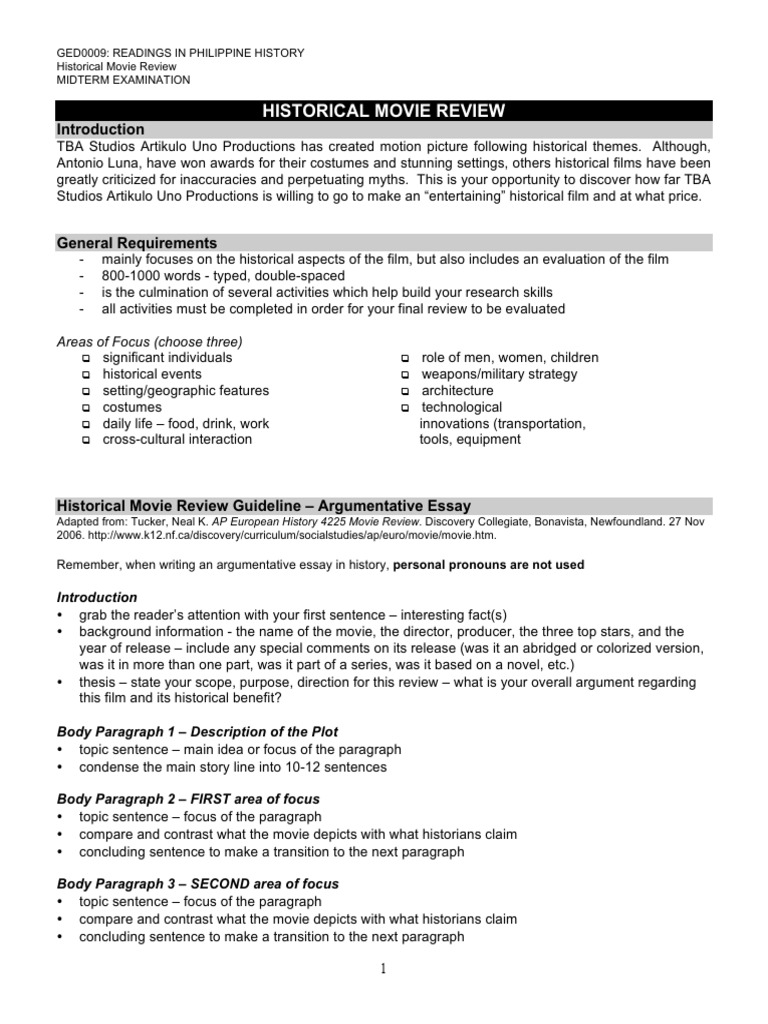 Historical Movie Review: Areas of Focus (Choose Three) | PDF | Argument ...