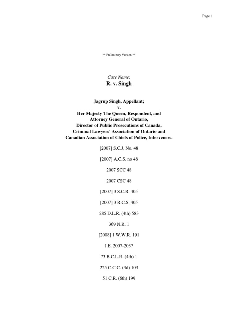 R. v. Singh: Case Name | PDF | Right To Silence | Confession (Law)