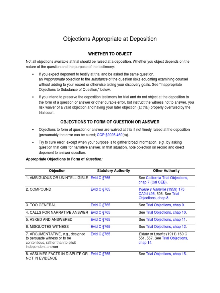 Common Deposition Objections Guide | PDF | Deposition (Law) | Witness