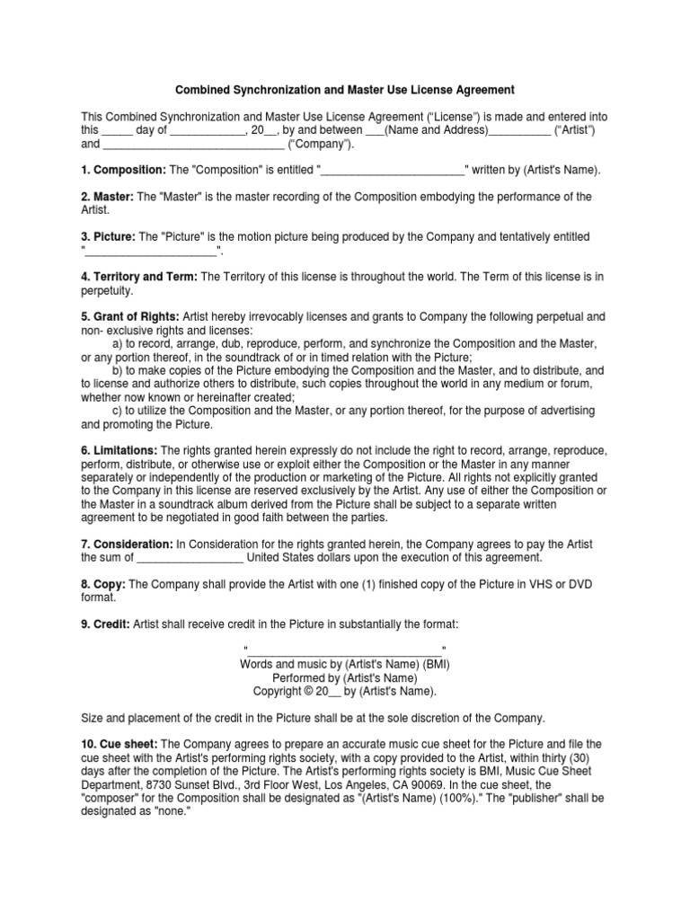 Combined Synchronization and Master Use License Agreement | PDF ...