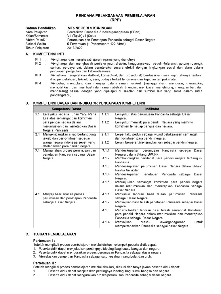 RPP PPKN Kelas 7 Bab 1 | PDF