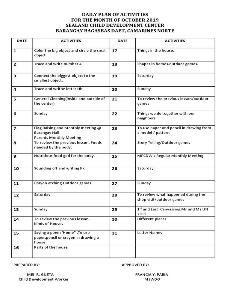 Daily Plan of Activities | PDF
