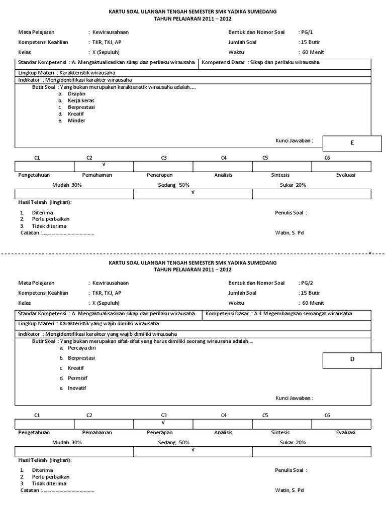 Kartu Soal KWU Kelas X | PDF